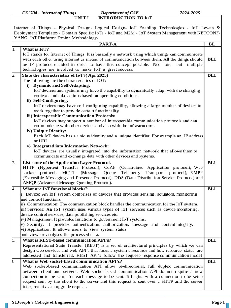 CS1704 - Internet of Things Department of CSE 2024-2025: ST - Joseph's College of Engineering 1 ...