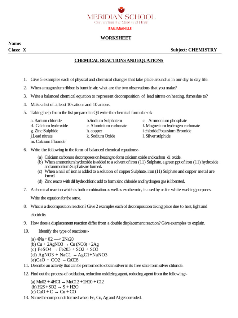 Ch1.Chemical Reactoions and Equations (Class X Worksheet) | PDF | Chemical Reactions | Oxide