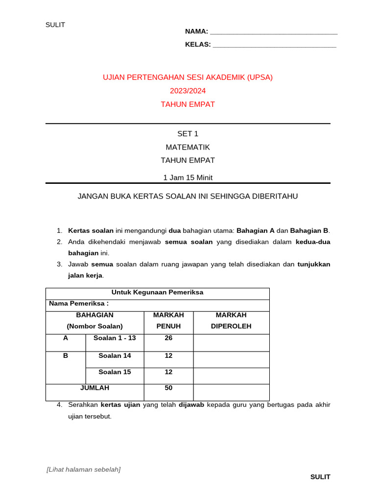 TP1481 - 2 Set Kertas Matematik Tahun 4 Upsa Sesi 202320244 | PDF