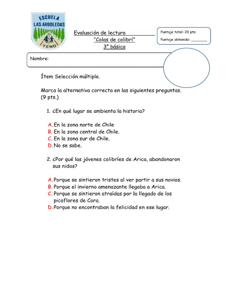 Evaluacion Libro Colas de Colibrí | PDF