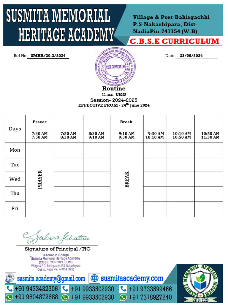 UKG Class Timetable 2024-2025 | PDF | Writing