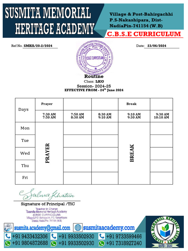LKG Class Routine 2024-25 Schedule | PDF