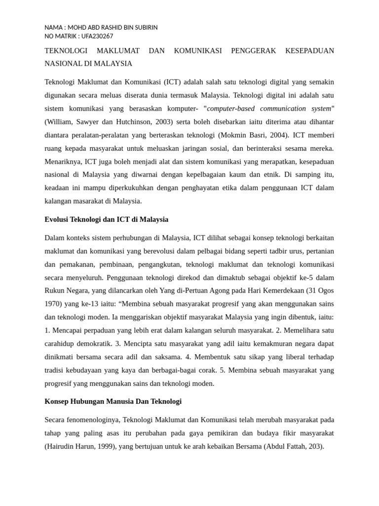 Teknologi Maklumat Dan Komunikasi Penggerak Kesepaduan Nasional Di Malaysia | PDF | Ilmu Sosial