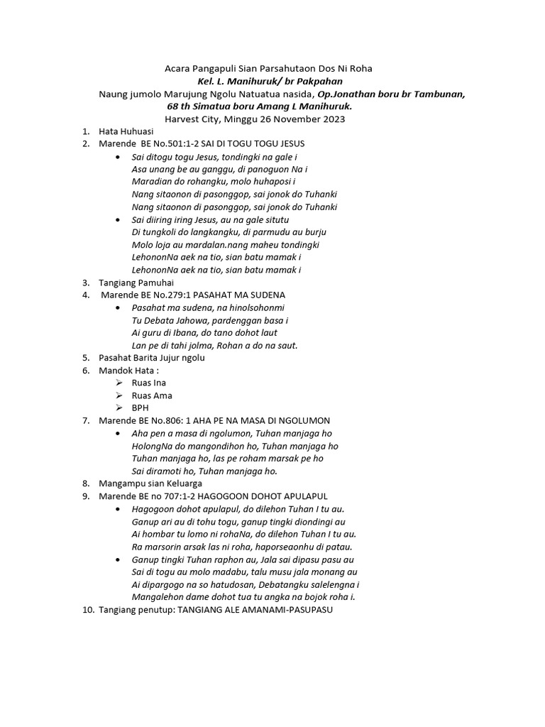 Acara Pangapuli Sian Parsahutaon Dos Ni Roha | PDF | Seni & Disiplin ...