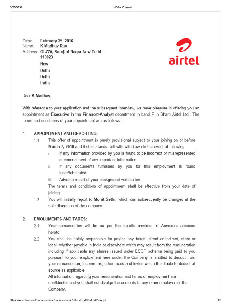 Offer Letter Airtel PDF Free | PDF | Intellectual Property | Employment
