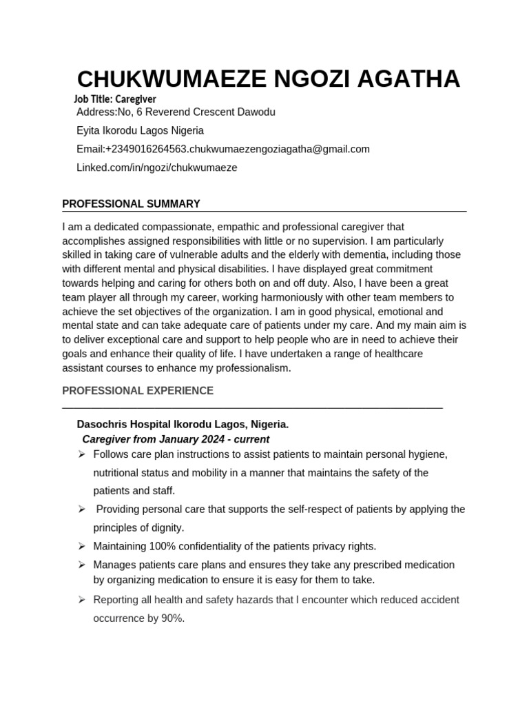 Ngozi Chukwumaeze - Resume | PDF | Caregiver | Patient