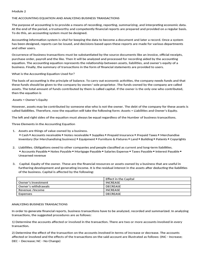 Module 2 (THE ACCOUNTING EQUATION AND ANALYZING BUSINESS TRANSACTIONS ...