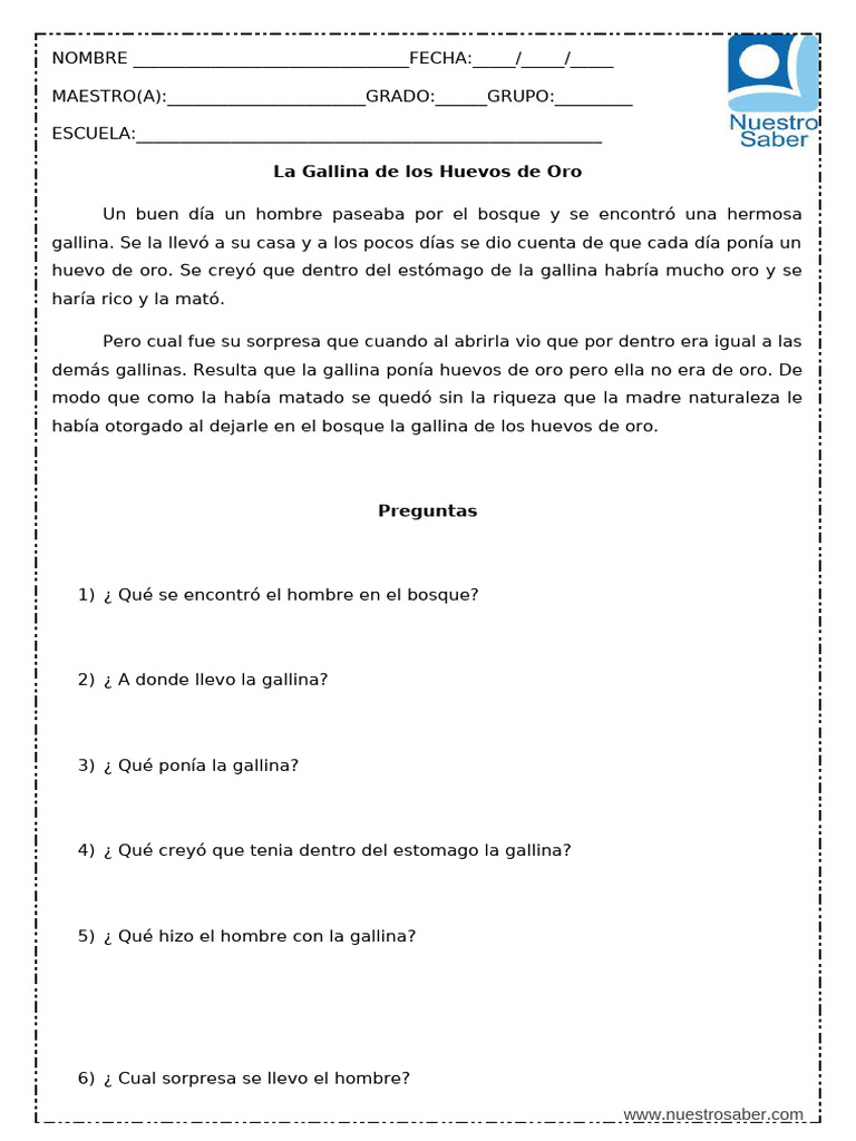 La Gallina de los Huevos de Oro: Cuento y Actividades | PDF