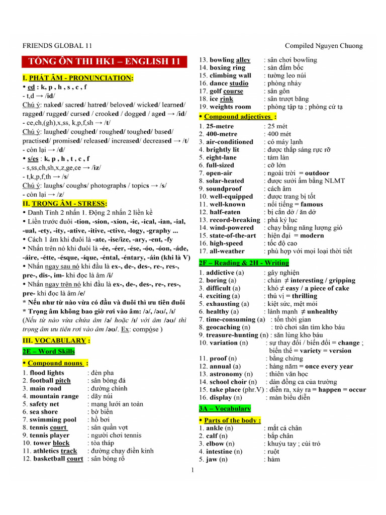 English 11 - T NG Ôn Thi HK1 - Friends Global - Shared | PDF