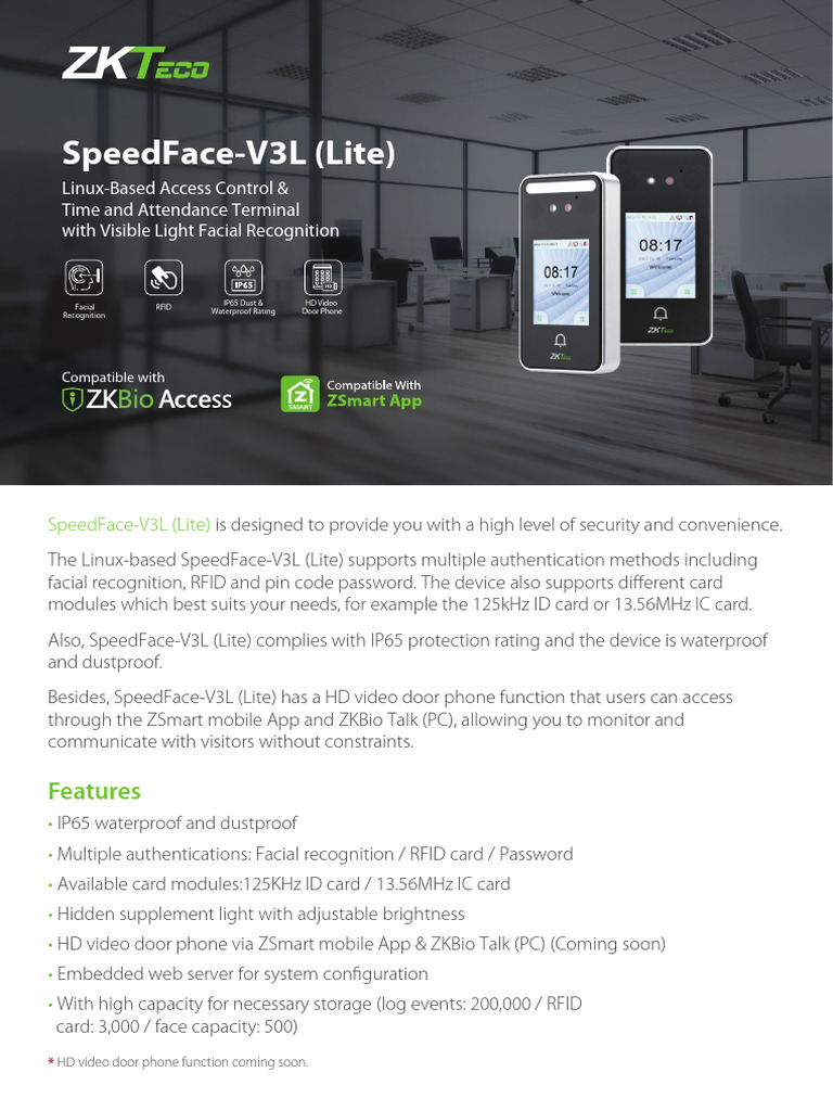 SpeedFace-V3L (Lite) Datasheet - 202305 | PDF | Smart Card | Radio Frequency Identification