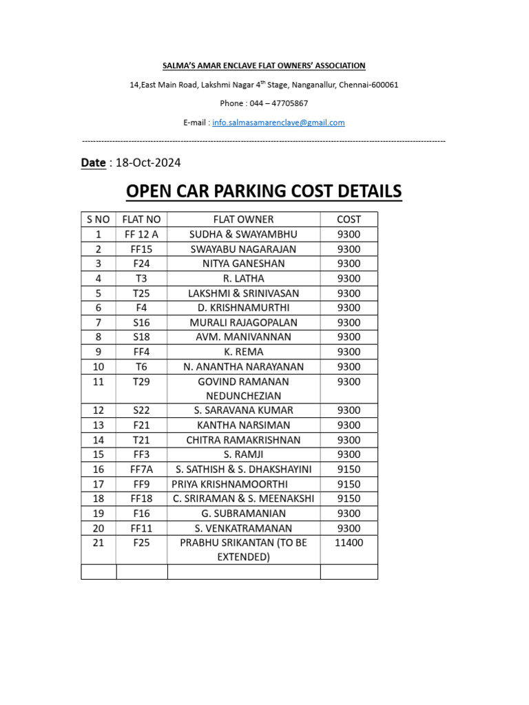 Open Car Parking Cost Circular | PDF