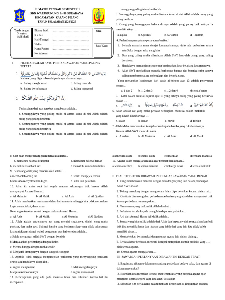 Soal PTS Kelas 4 | PDF