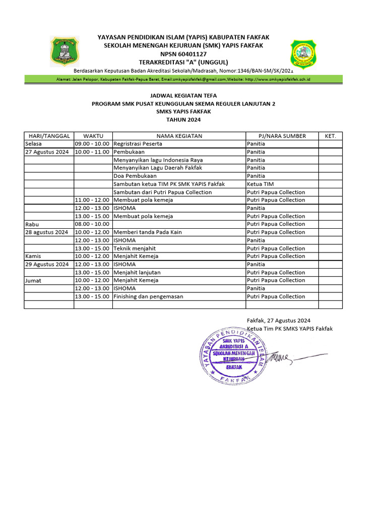 Jadwal Kegiatan Tefa | PDF