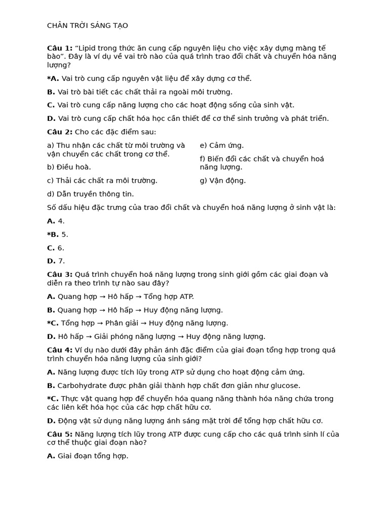 TRẮC NGHIỆM SINH 11 BÀI 1,2 CTST | PDF