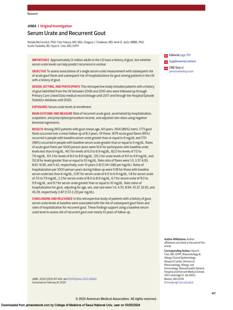 240325 JAMA_Serum Urate and Recurrent Gout | PDF | Gout | Medical Diagnosis
