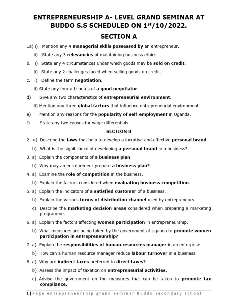 Entrepreneurship Seminar Questions 2025 | PDF | Entrepreneurship | Taxes