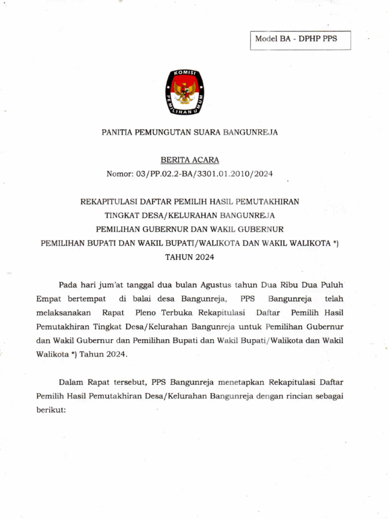 Berita Acara Rapal Pleno Terbuka Rekapitulasi DPHP | PDF