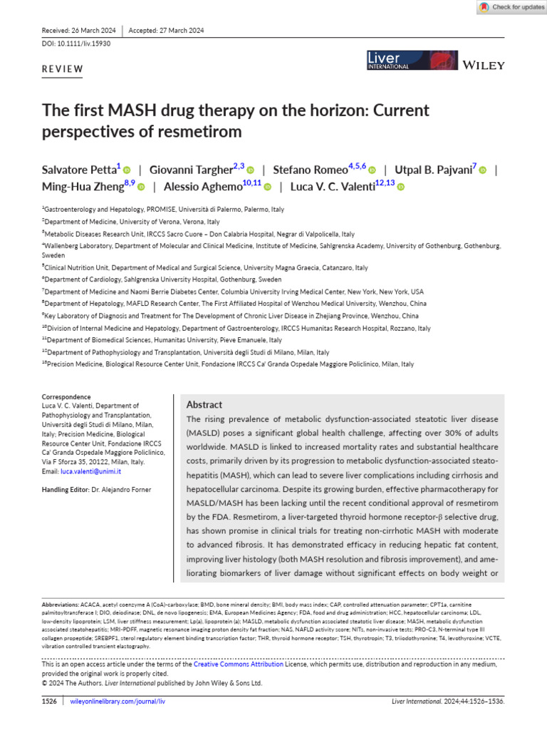 Liver Int - The First MASH Drug Therapy On The Horizon Current Perspectives of Resmetirom | PDF ...