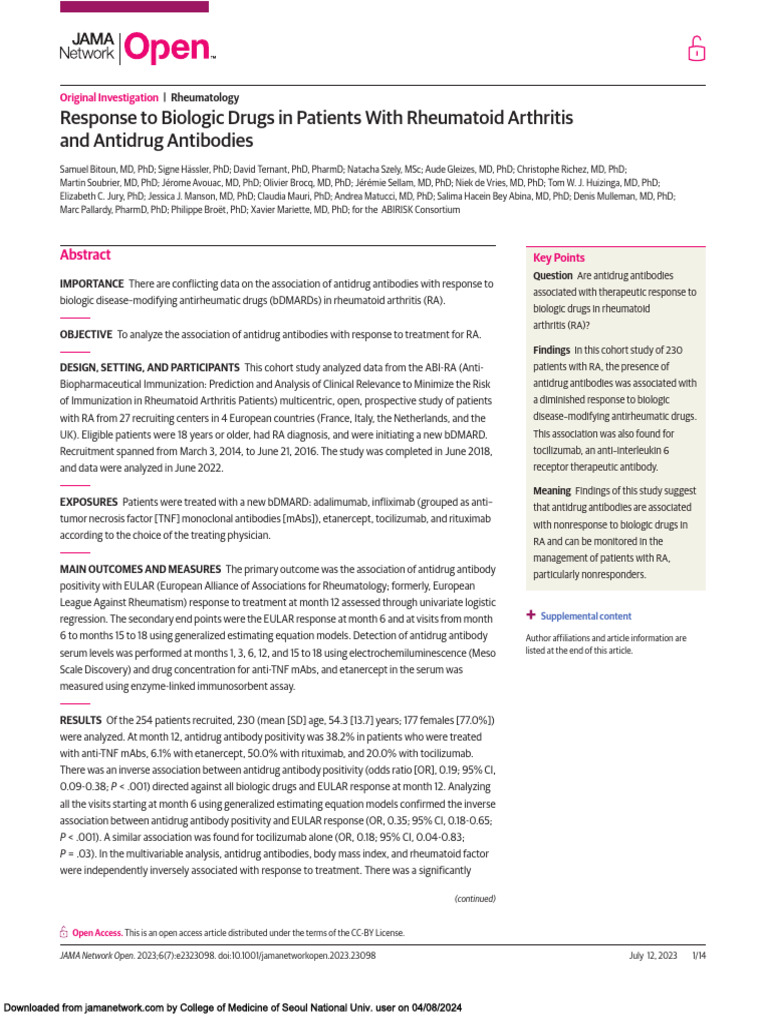 JAMA - Response To Biologic Drugs in Patients With Rheumatoid Arthritis ... JAMA - Response To Biologic Drugs in Patients With Rheumatoid Arthritis ...