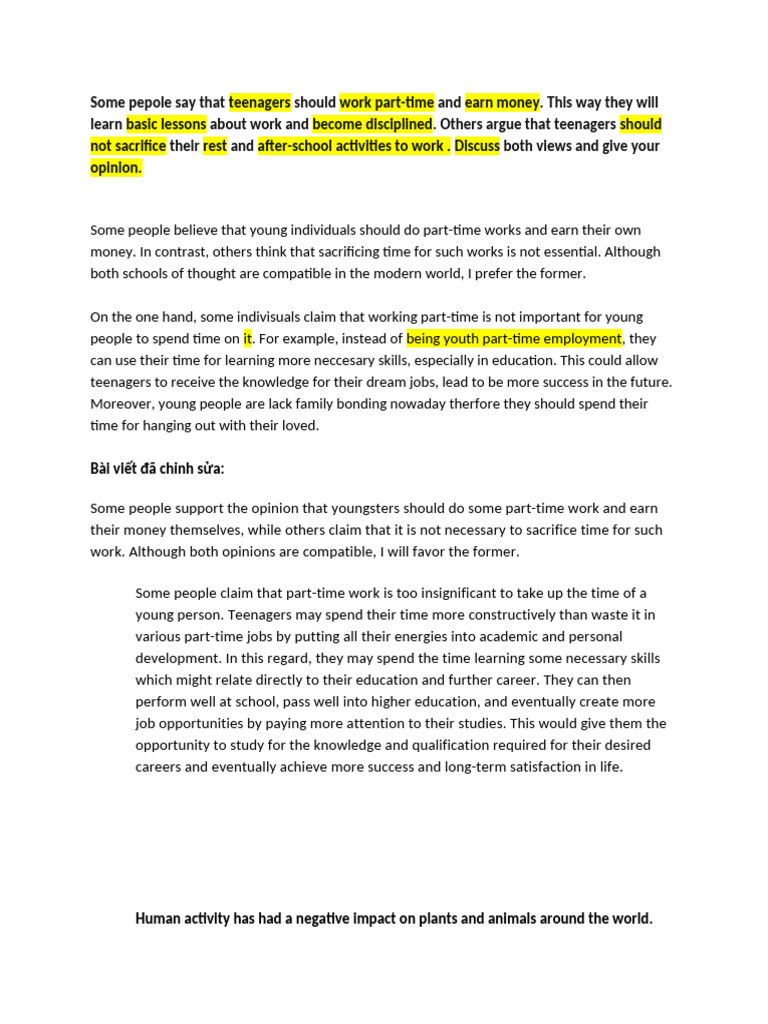 Some Pepole Say That Teenagers Should Work Part | PDF | Adolescence ...