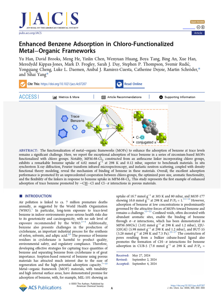 Han Et Al 2024 Enhanced Benzene Adsorption in Chloro Functionalized Metal Organic Frameworks ...