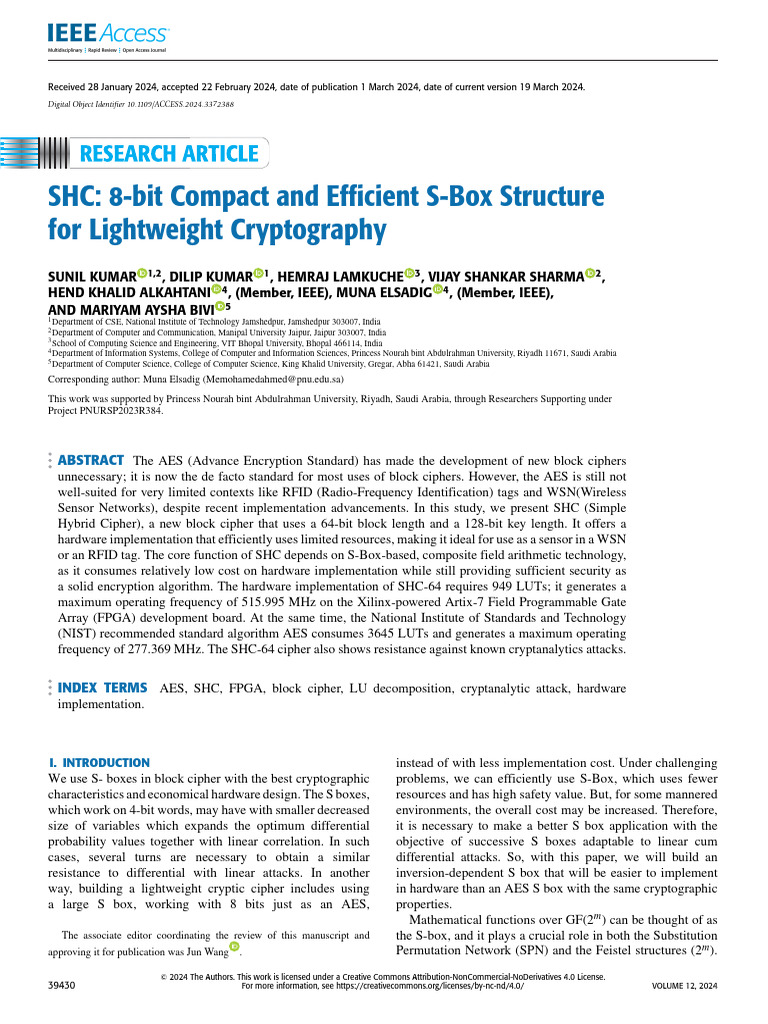 SHC 8-Bit Compact and Efficient S-Box Structure For Lightweight Cryptography | PDF | Field ...