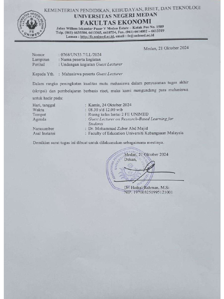 Surat Undangan Ke Mahasiswa - Guest Lecturer | PDF