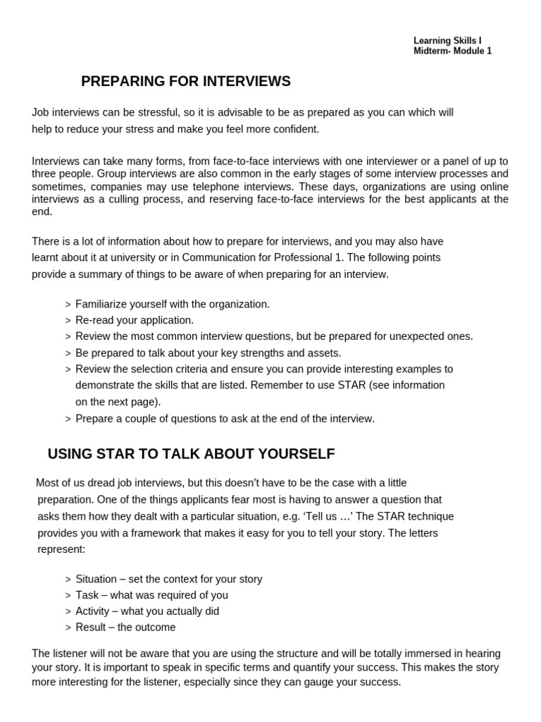 Learning Skills I Module Lesson I Midterm 1 | PDF | Job Interview | Human Communication