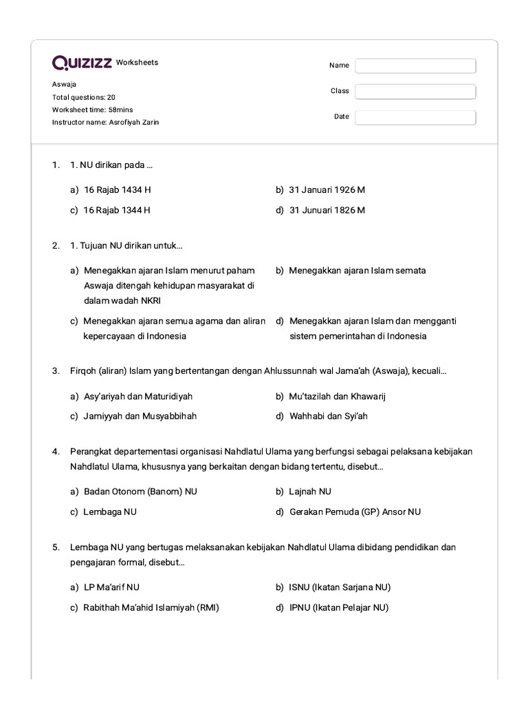 Aswaja - Quizizz | PDF | Ilmu Sosial | Filsafat