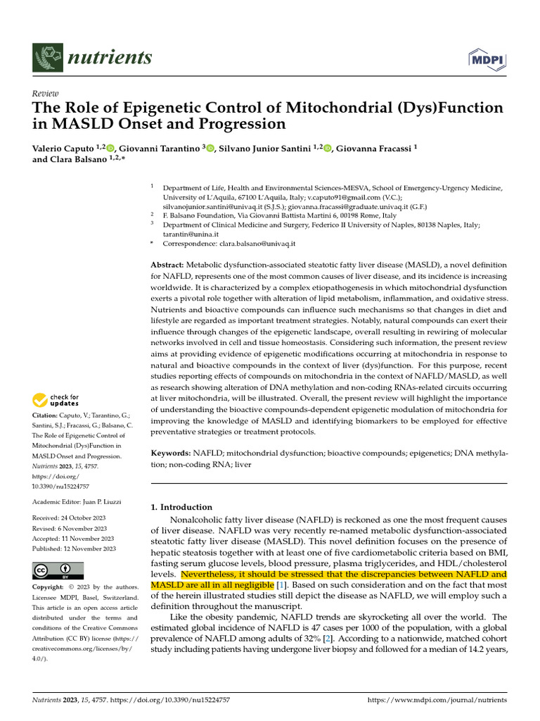 (Nut) The Role of Epigenetic Control of Mitochondrial (Dys) Function in MASLD Onset and ...