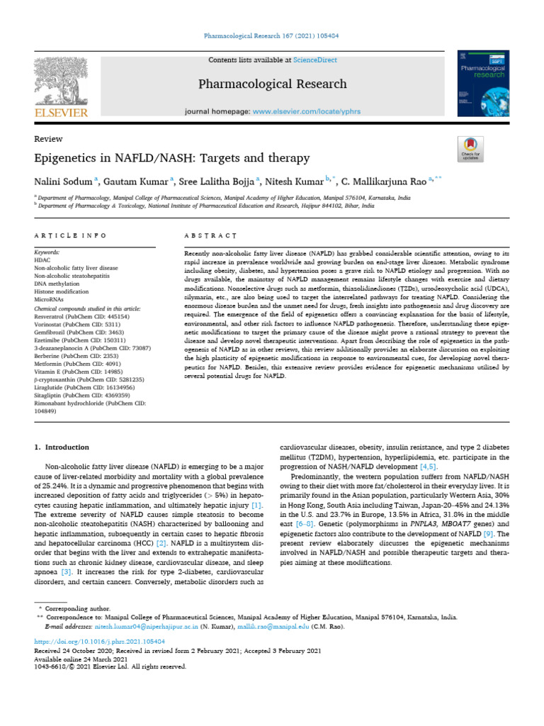 (Phar Res) Epigenetics in NAFLD NASH Targets and Therapy | PDF | Dna ...
