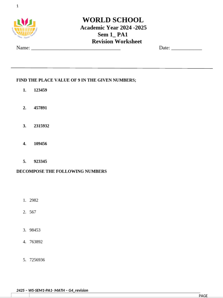 2425 Sem 1 Pa1 Math Revision Gr4 | PDF