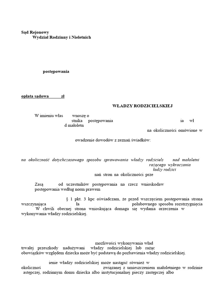 Wniosek o Pozbawienie Władzy Rodzicielskiej | PDF