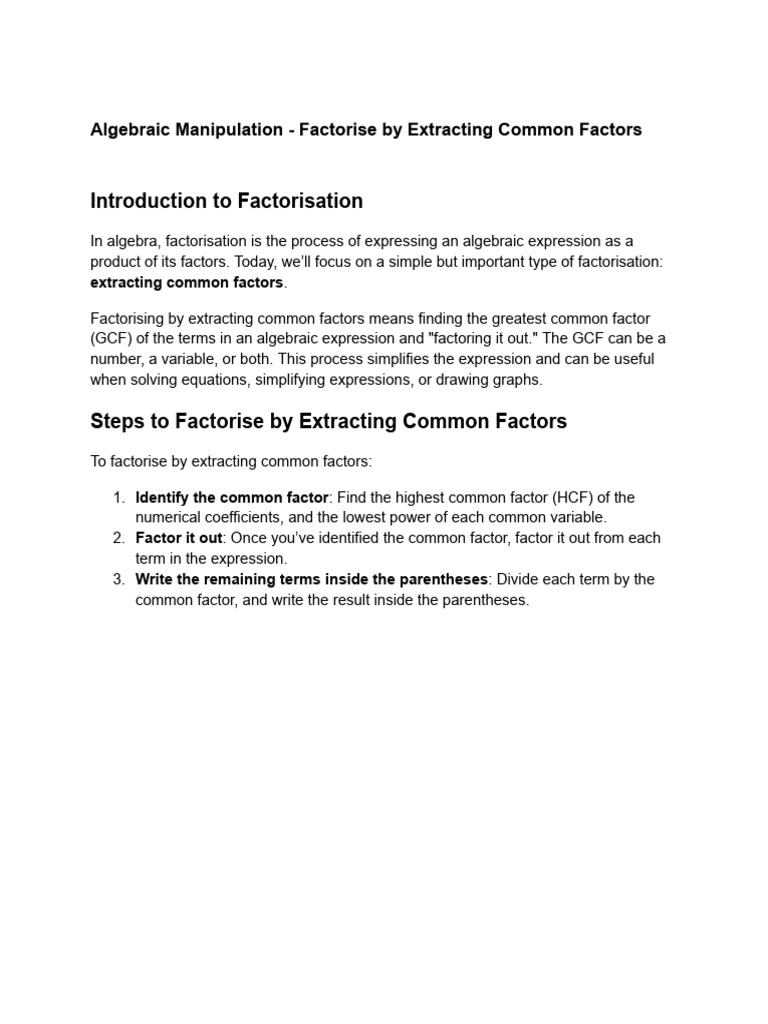 Algebraic Manipulation - Factorise by Extracting Common Factors | PDF | Finance & Money ...