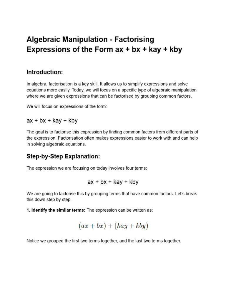 Algebraic Manipulation - Factorising Expressions of The Form Ax + BX ...