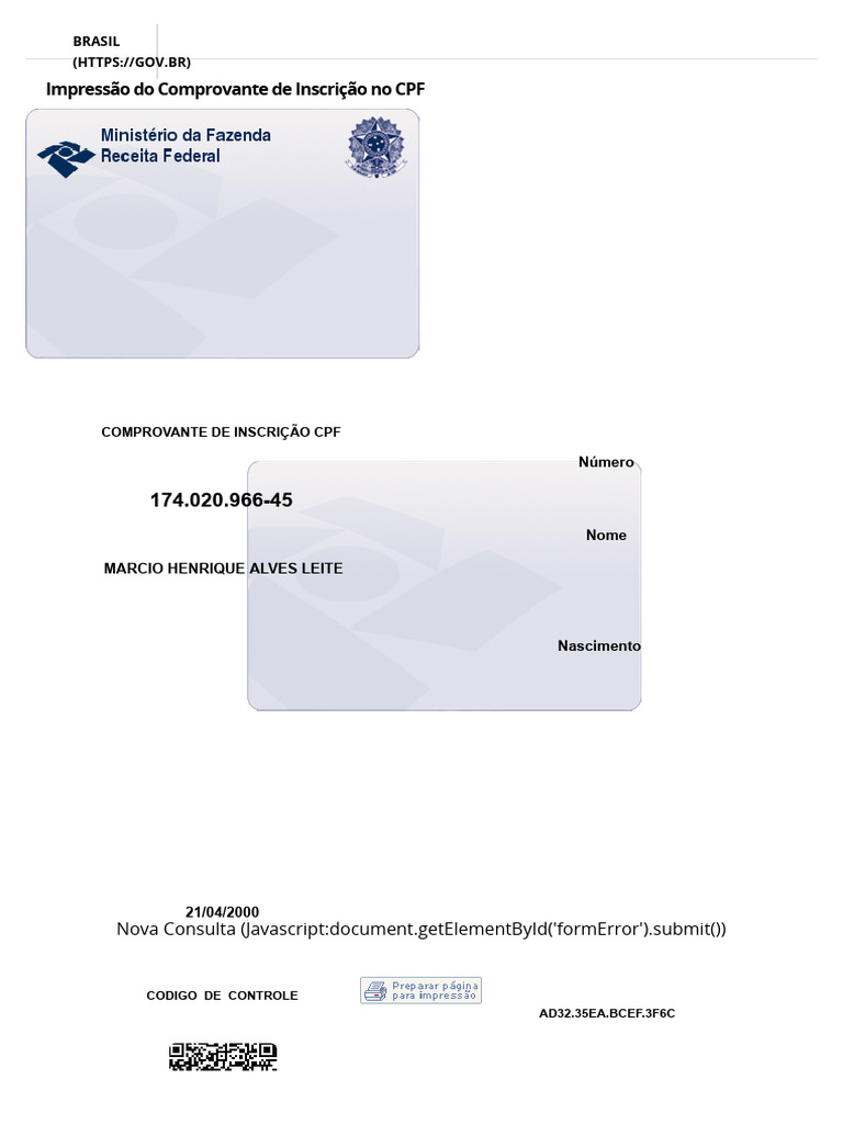 Impressão do Comprovante de CPF | PDF