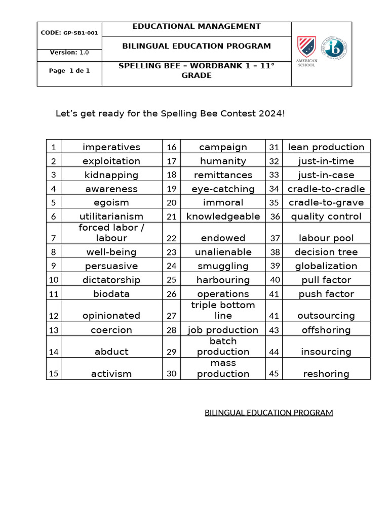 Spelling Bee Wordbank for 11th Grade | PDF