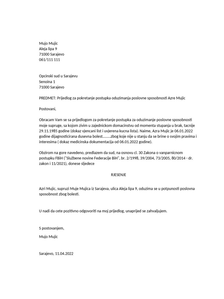 Prijedlog Za Pokretanje Postupka Oduzimanja Poslovne Sposobnosti Azre Mujic | PDF