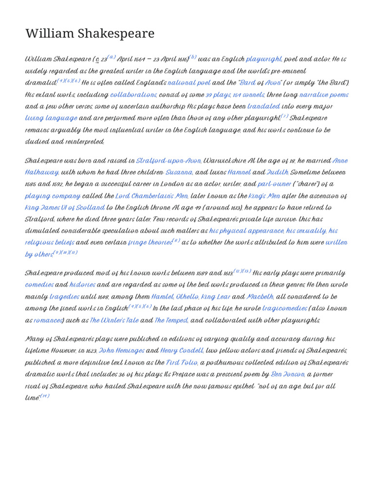 Shakespeare: Life and Works Overview | PDF | William Shakespeare ...