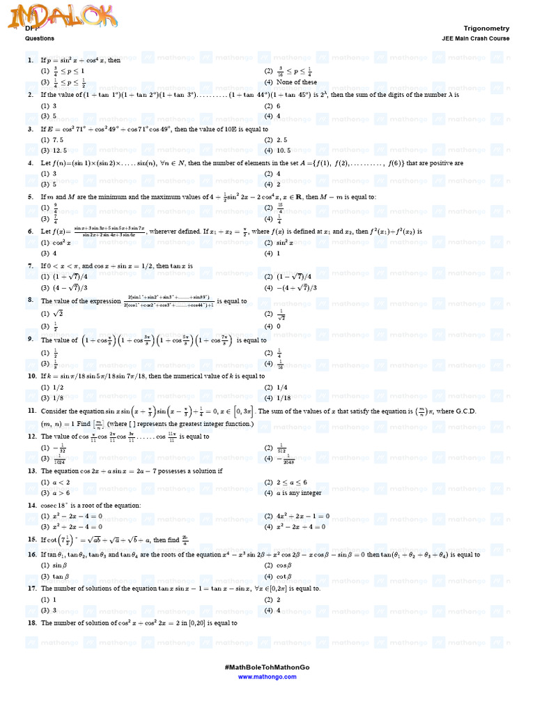 JEE Trigonometry Practice Quiz | PDF | Trigonometric Functions ...