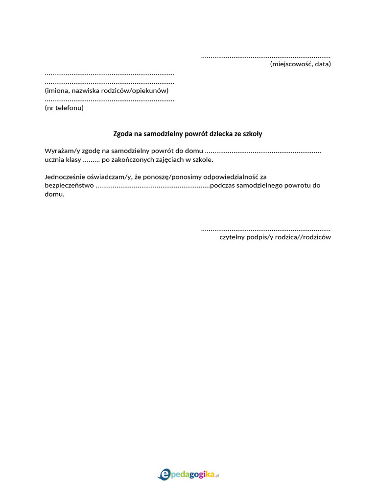 Zgoda Na Samodzielny Powrot Dziecka Ze Szkoly | PDF