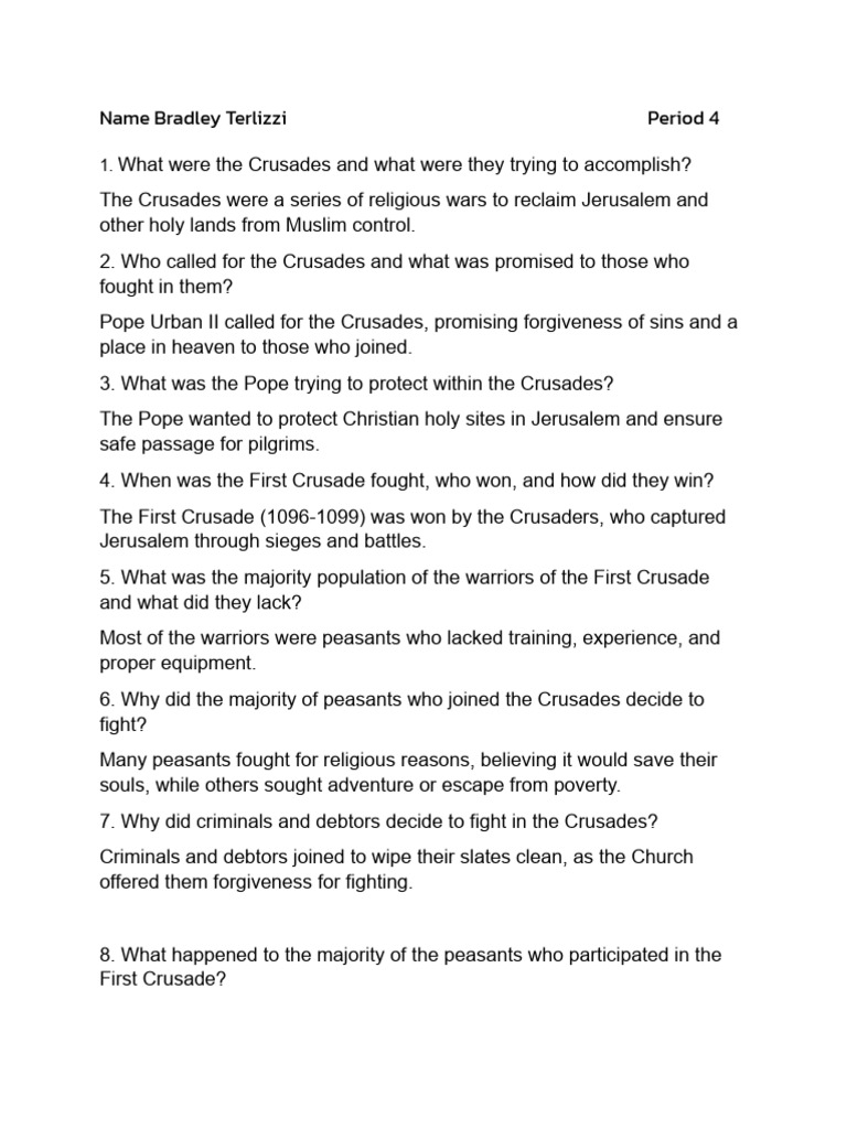 Crusades questions bradley terlizzi period 4 .docx | PDF | Crusades ...