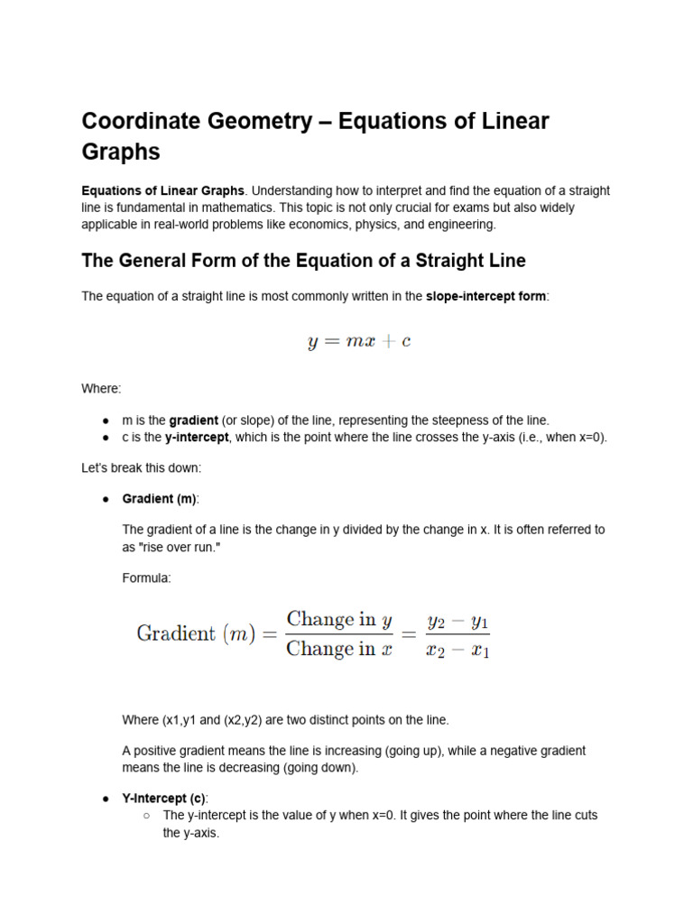 Coordinate Geometry - Equations of Linear Graphs | PDF | Slope | Line ...