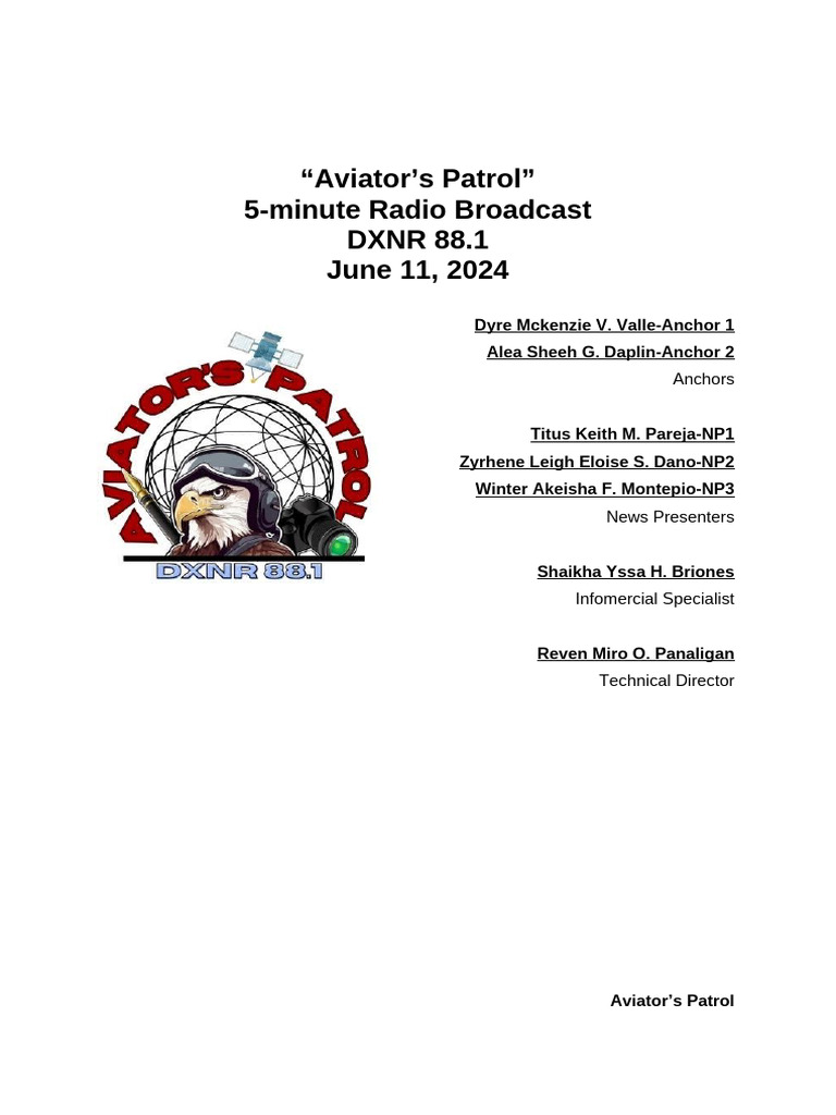 June 11 2024 Aviators Patrol Script 5 Minute Simulation 2 | PDF ...