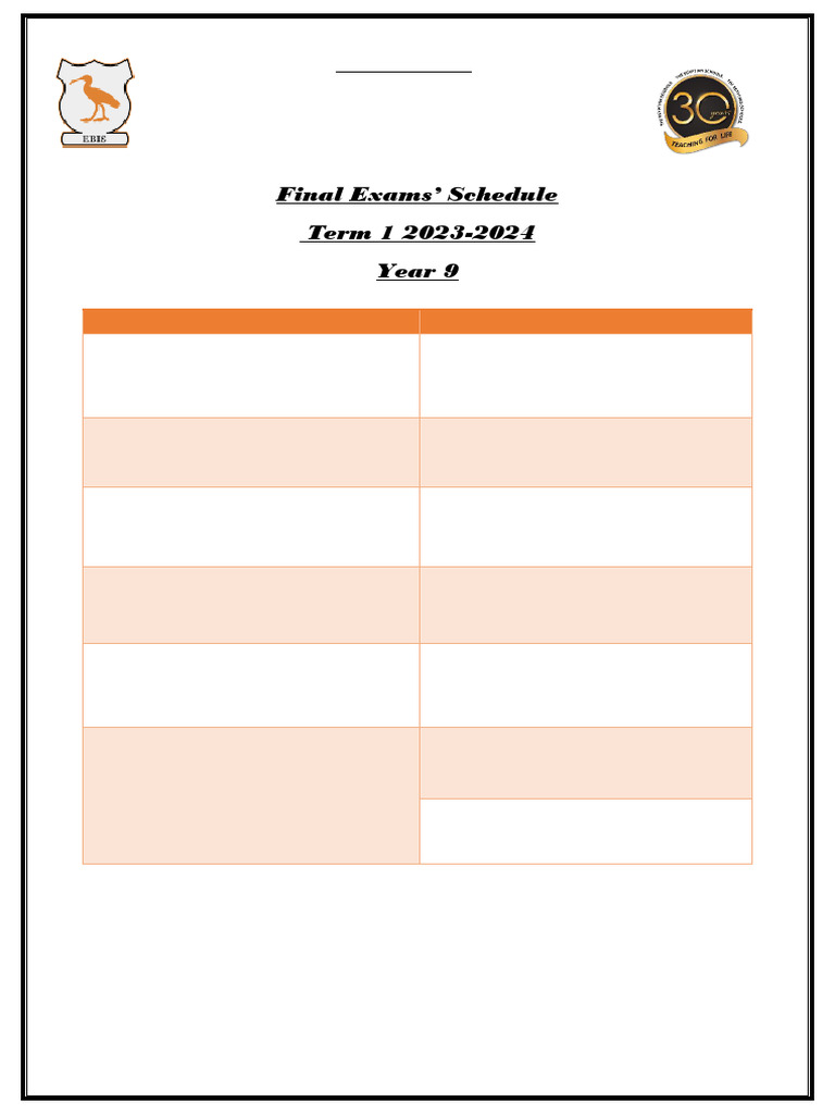 Year 9 Final Exam Schedule 2024 | PDF