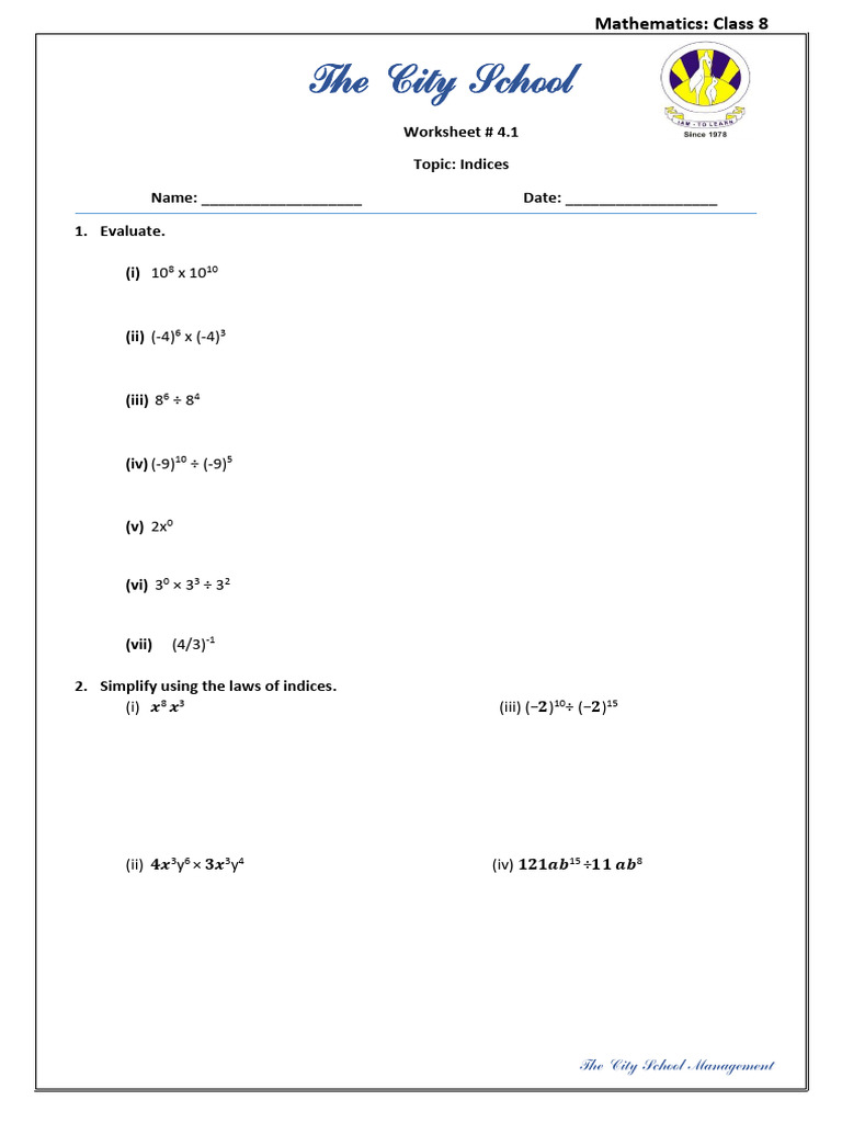 Grade 8 Indices Worksheet | PDF