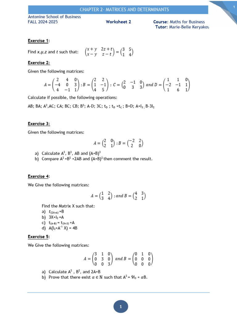 Worksheet2 - Matrices & Determinants | PDF | Matrix (Mathematics) | Determinant