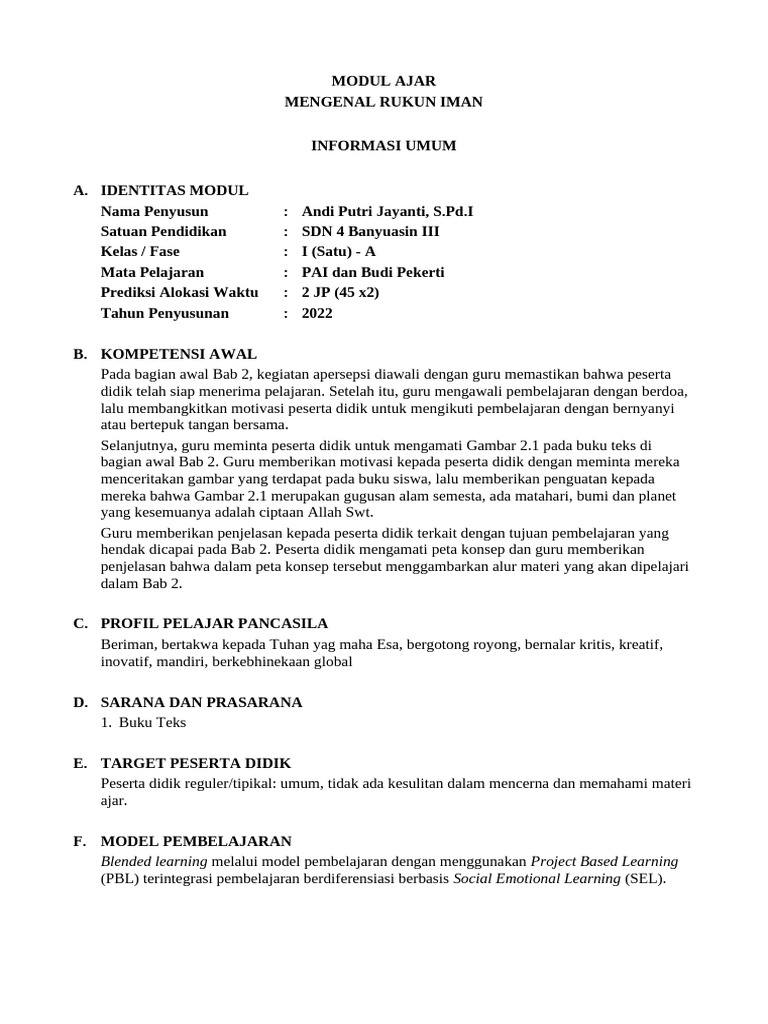 Modul Ajar Kelas 1 PAI - Bab 2 | PDF