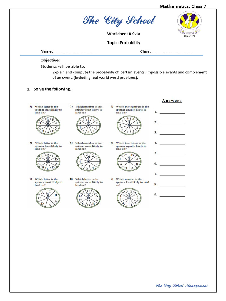 Grade 7 Probability Worksheet | PDF