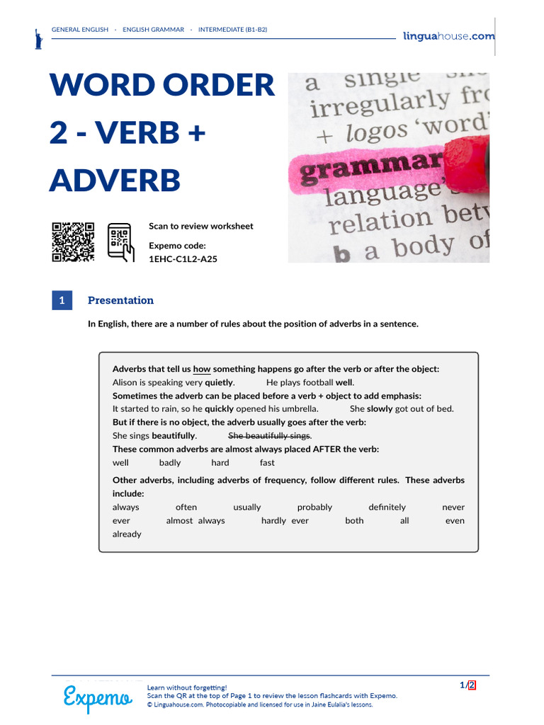 Word Order 2 Verb Adverb American English Teacher B1 B2 | PDF | Adverb ...